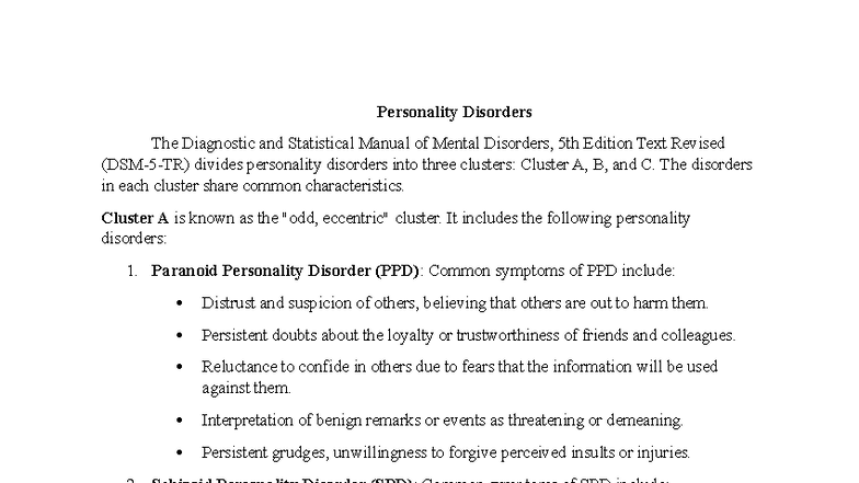 Personality Disorders Overview: DSM-5 Clusters A, B, and C - Studocu