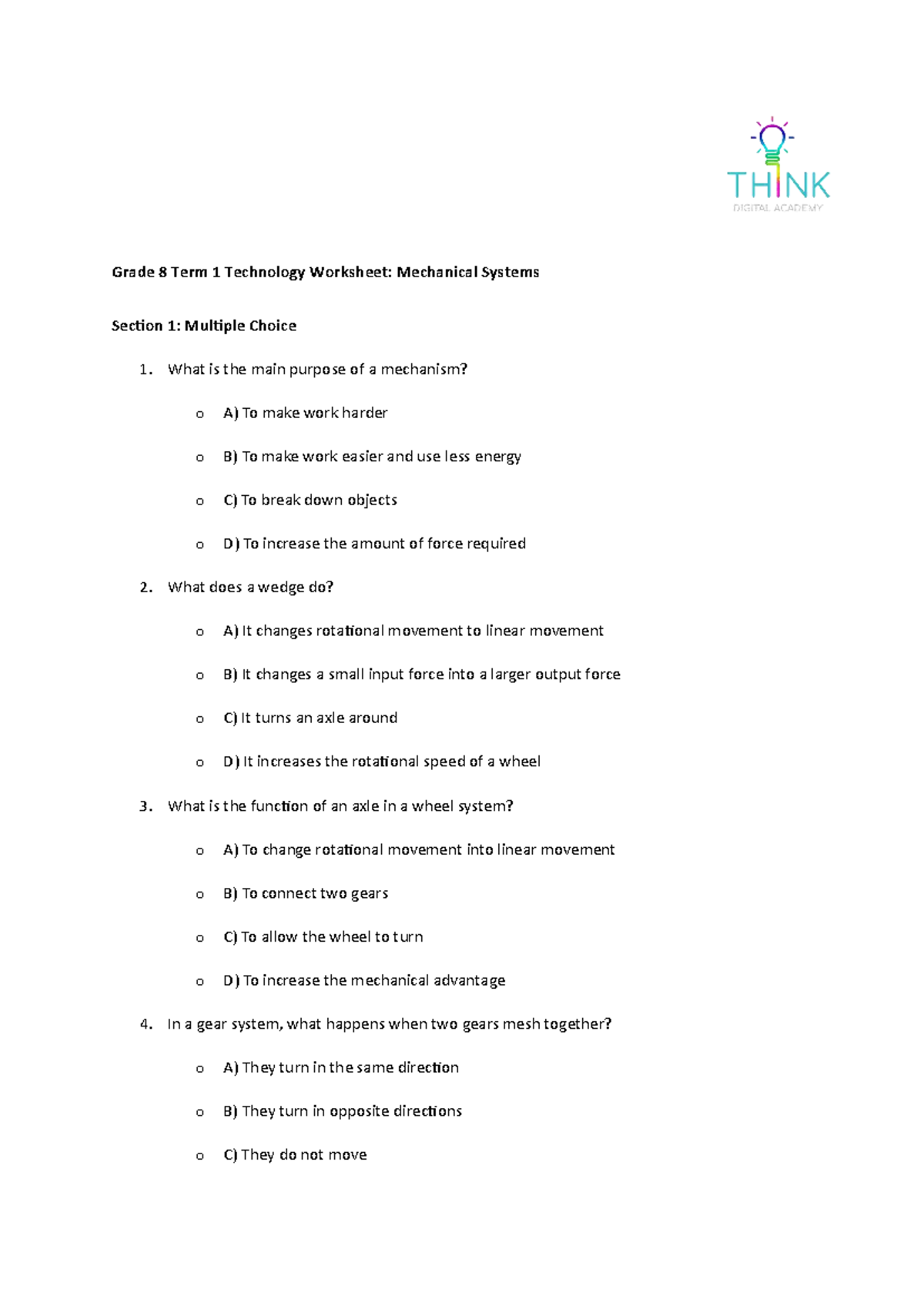 Grade 8 Term 1 Tech Worksheet: Mechanical Systems MCQ & Answers - Studocu