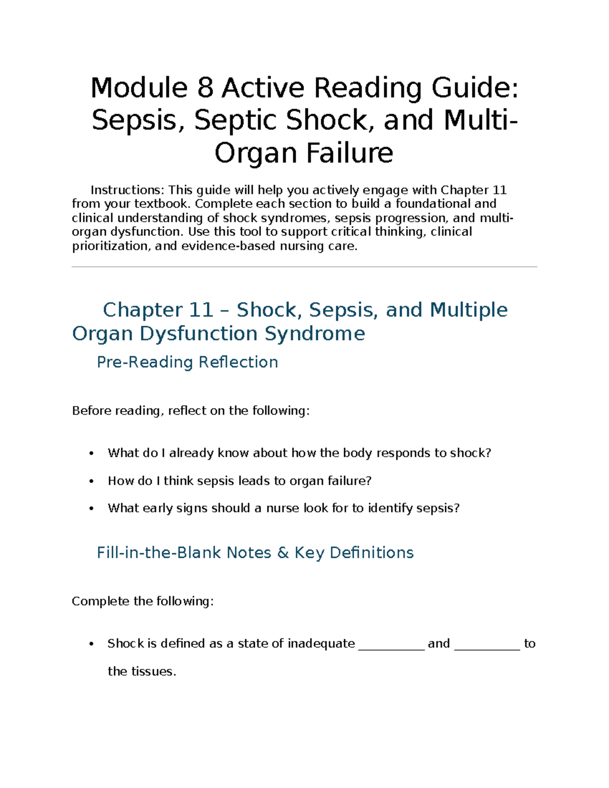 NUR2755 Module 8 Active Reading Guide: Sepsis and Shock Management ...