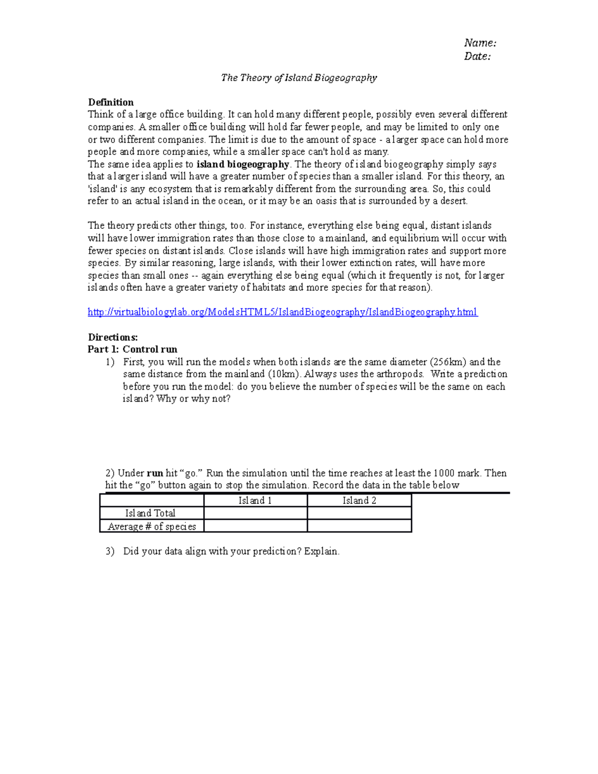 The Theory of Island Biogeography Virtual Lab: An Exploration - Studocu