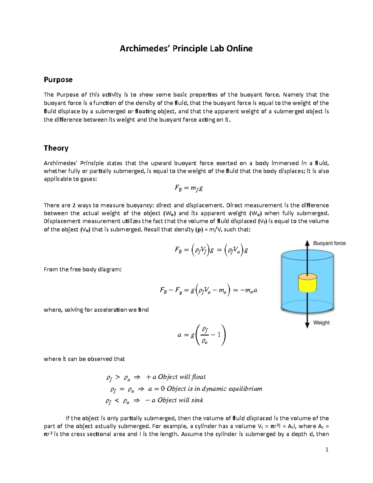 Fall2023 Archimedes' Principle Lab Online-1 - Archimedes’ Principle Lab Online Purpose The ...