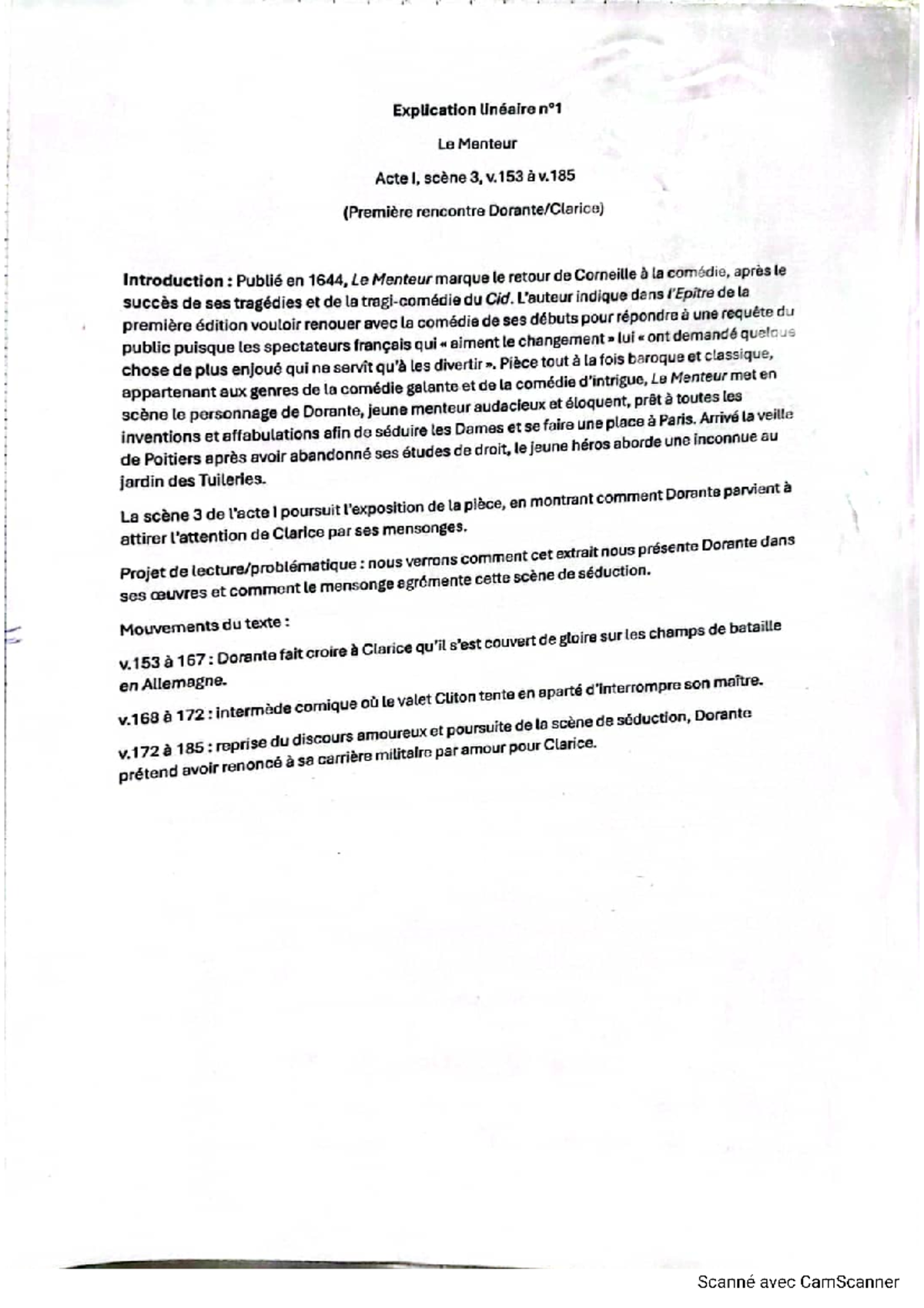 Explication linéaire de "Le Menteur" (Corneille) - Acte I, Scène 3 - Studocu