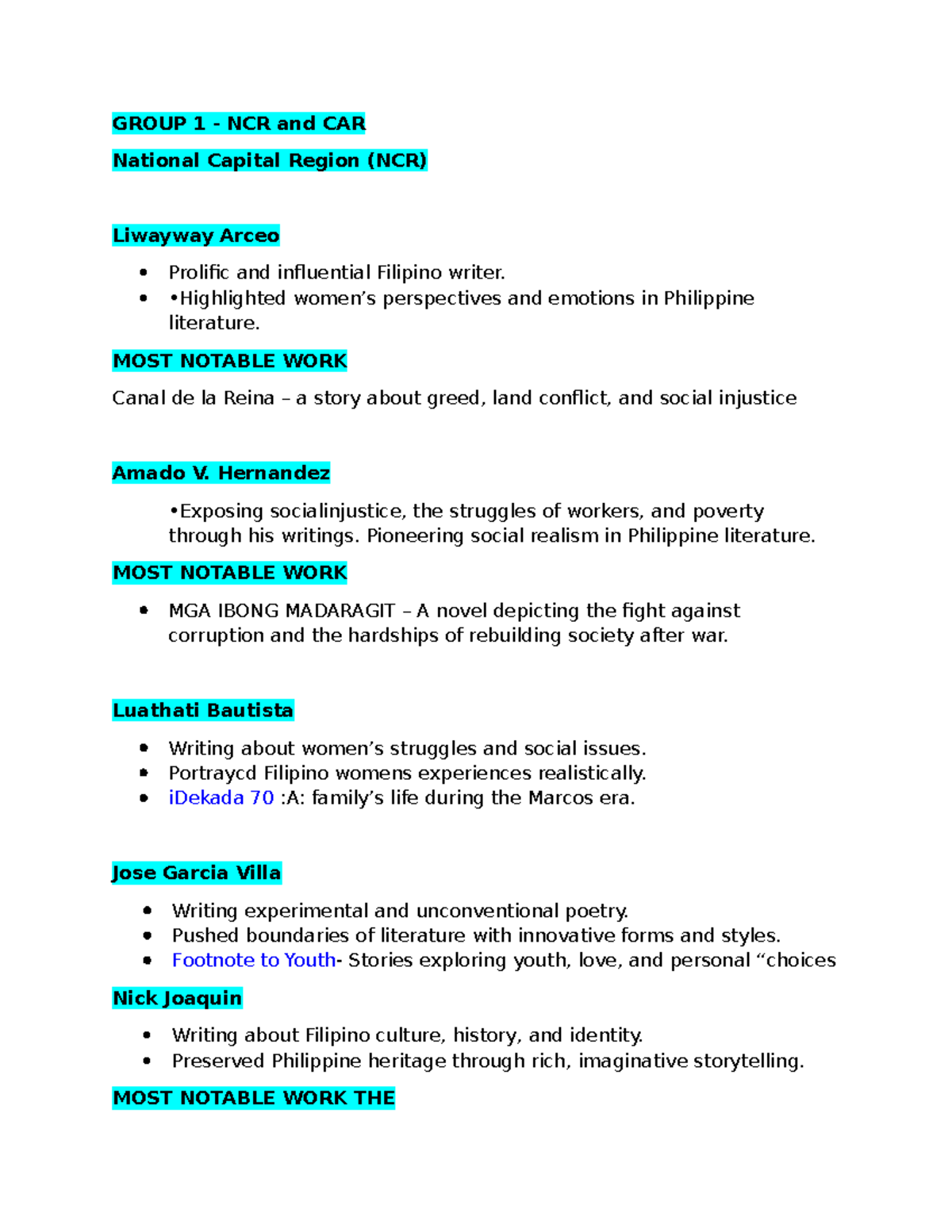 Filipino Literature: Notable Writers and Their Contributions (ENG 101 ...