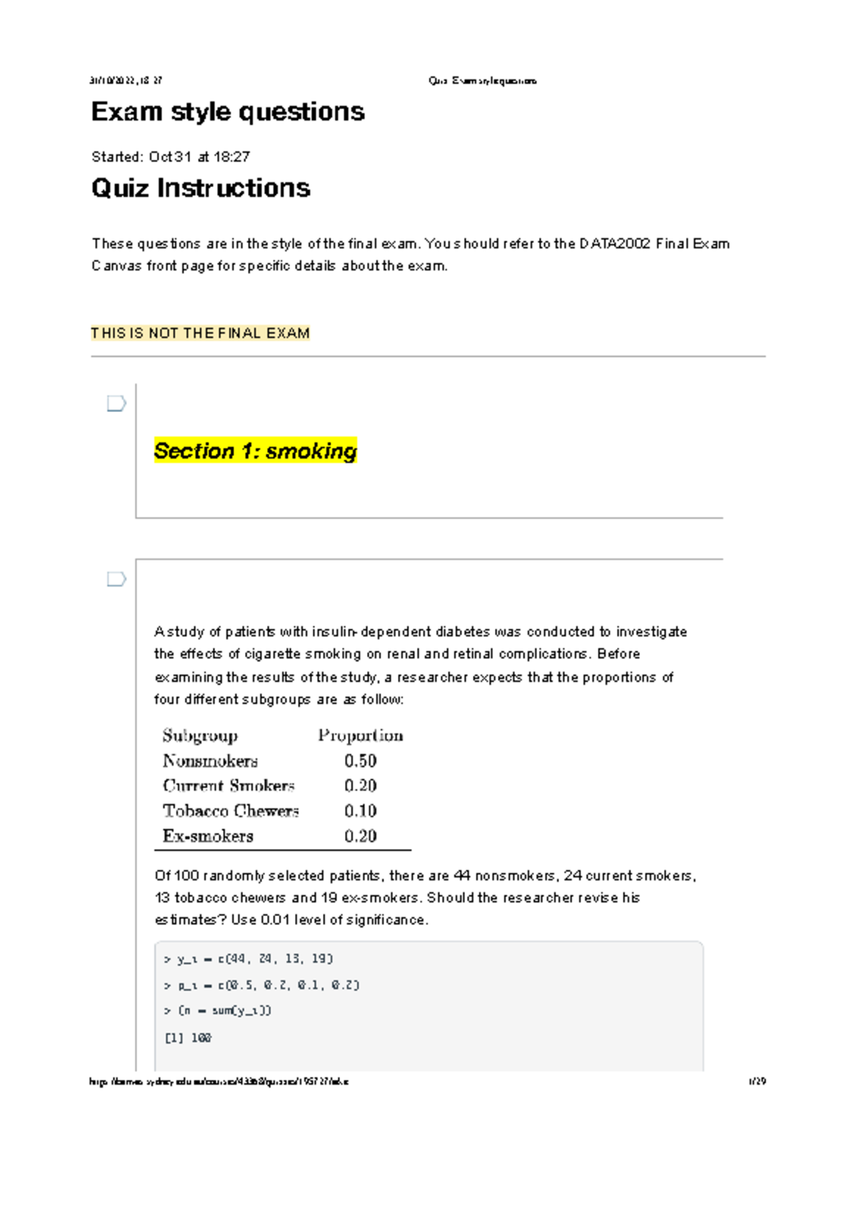 DATA2002 Exam style questions - Exam style questions Started: Oct 31 at ...