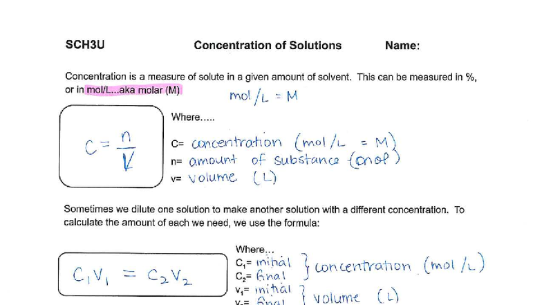 SCH3U Molarity of Solutions Notes: Concentration Calculations - Studocu