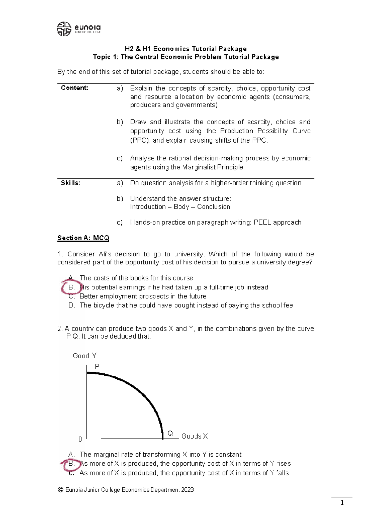 2023 H2 H1 Economics Tutorial Package: Central Economic Problem - Studocu