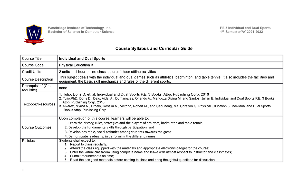 PE3 Individual and Dual Sports Syllabus - Westbridge Institute of ...