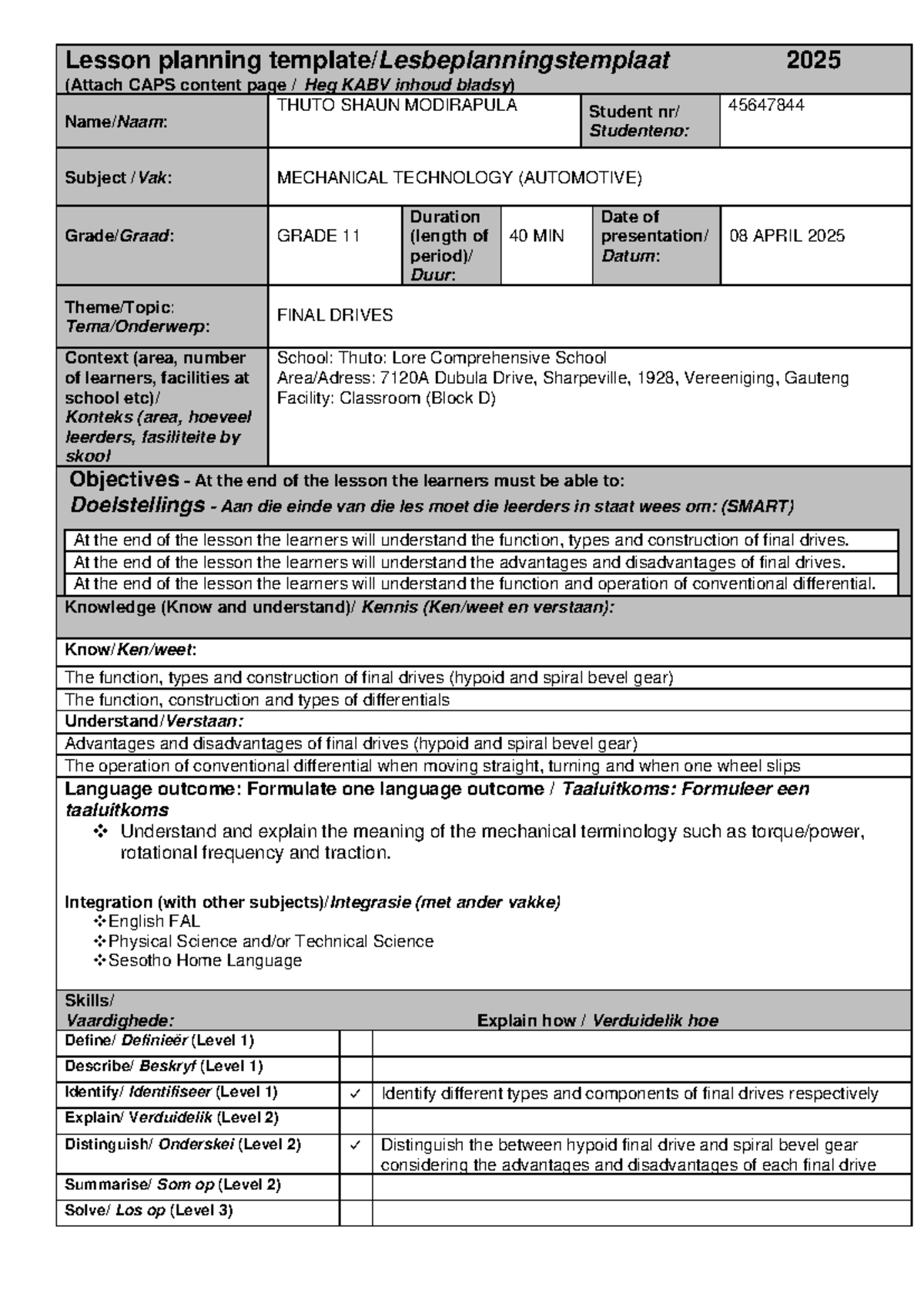 Lesson Plan for Mechanical Technology (Automotive) GRADE 11: Final ...