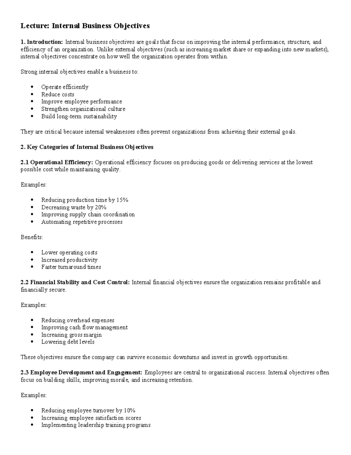Lecture: Internal Business Objectives Overview and Key Categories - Studocu