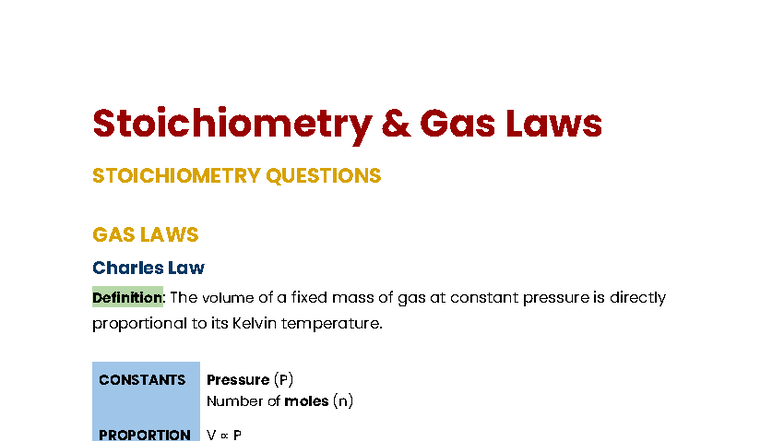 Stoichiometry & Gas Laws: Key Concepts & Definitions - Studocu