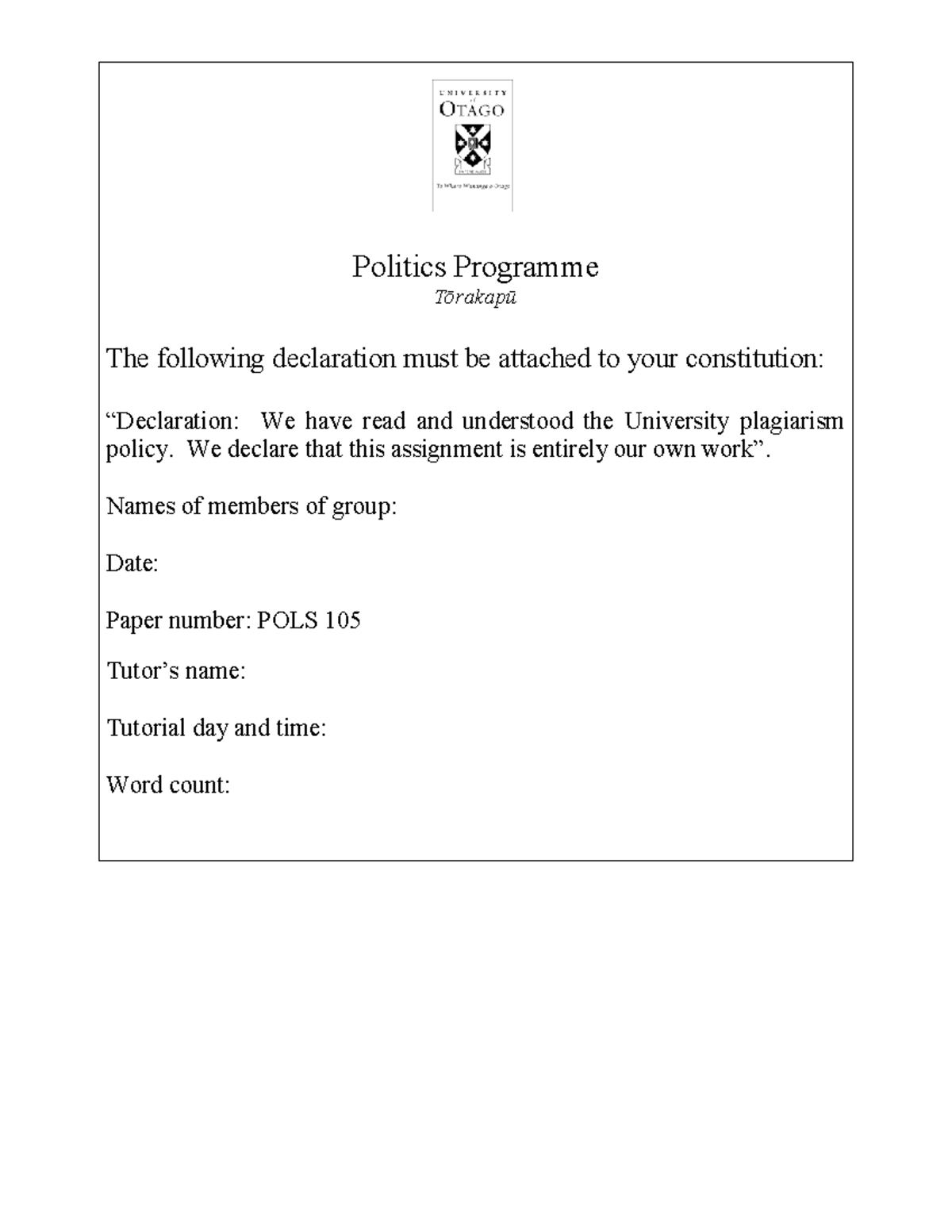 POLS105 Written constitution cover sheet - Comparative Politics ...
