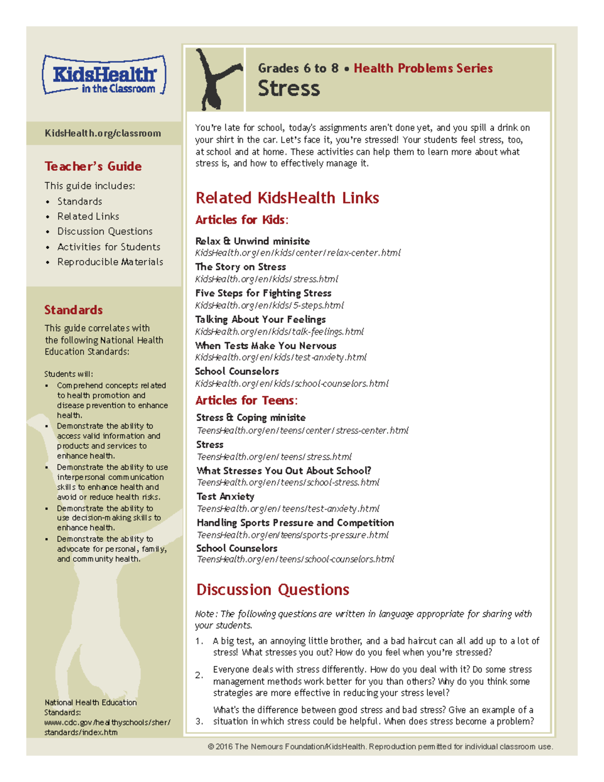 Stress - Living up a healthy life story - KidsHealth/classroom Grades 6 ...