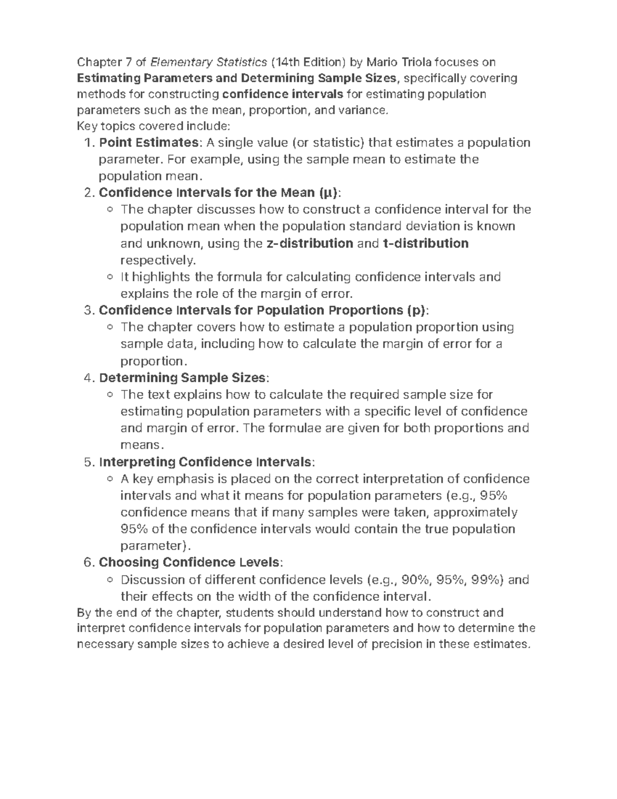 Chapter 7: Confidence Intervals & Sample Size in Elem Stat (14th Ed) - Studocu