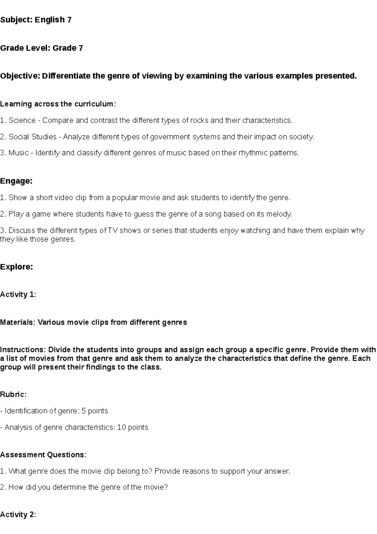 Lesson for grade 7 - Subject: English 7 Grade Level: Grade 7 Objective ...