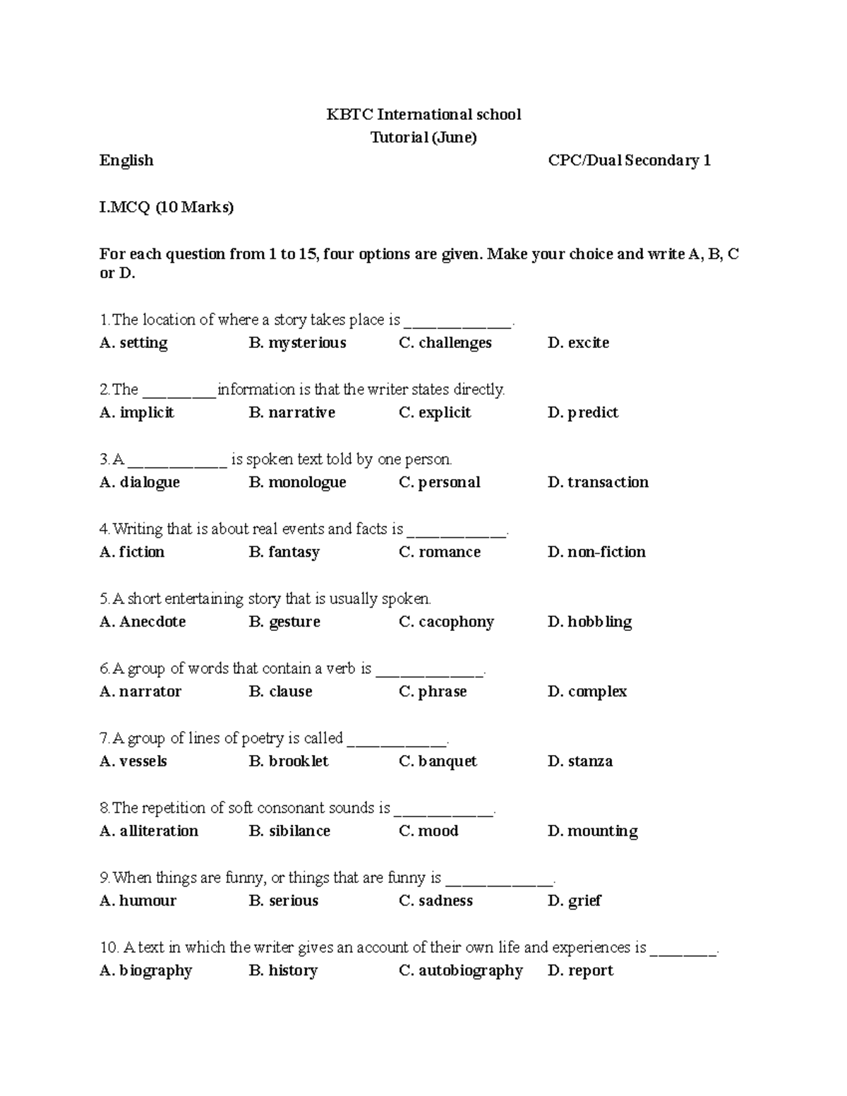 KBTC International School S1 English Tutorial (June 2025) MCQ - Studocu