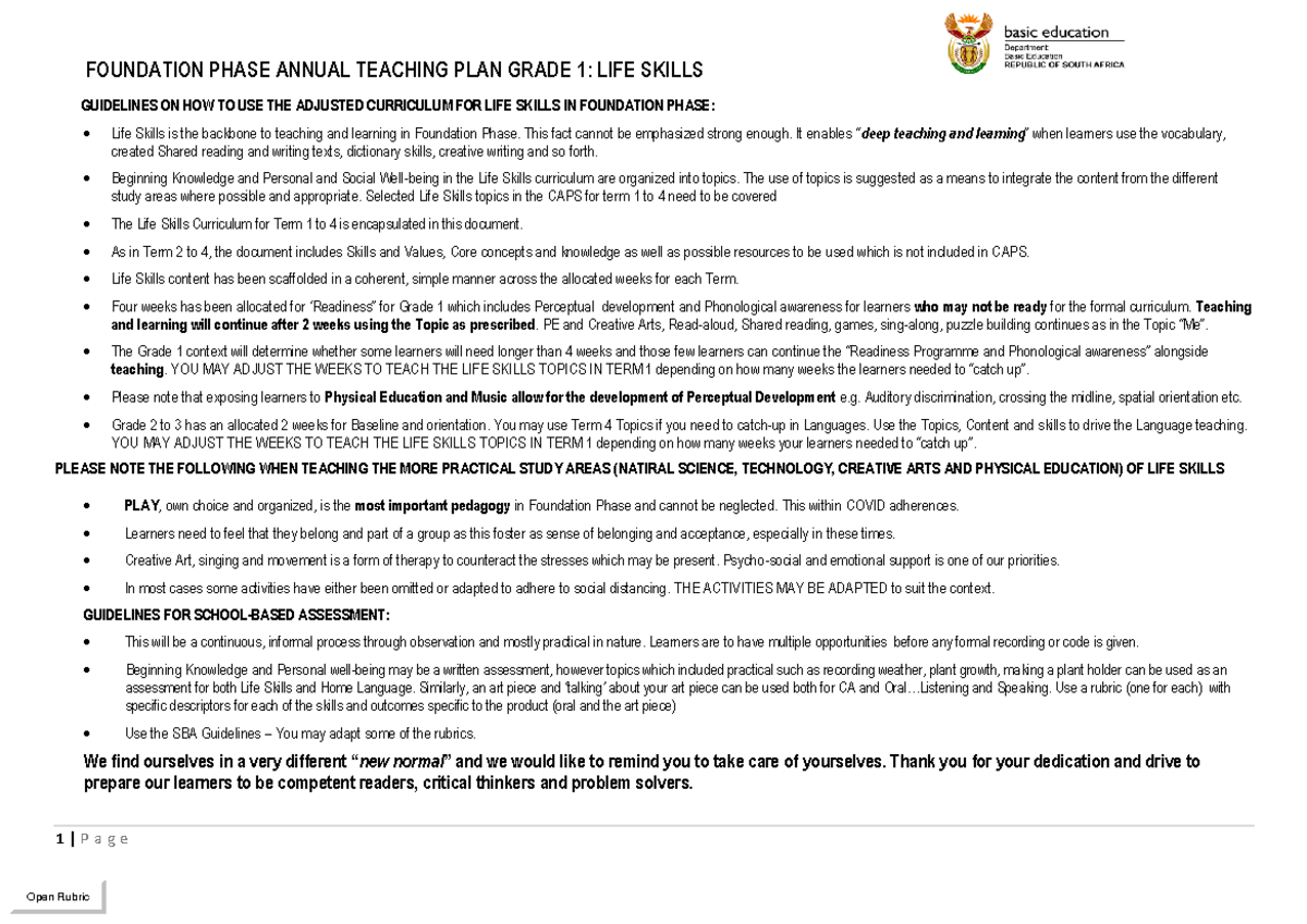 Annual teaching plan Grade 1 Life Skills - GUIDELINES ON HOW TO USE THE ...