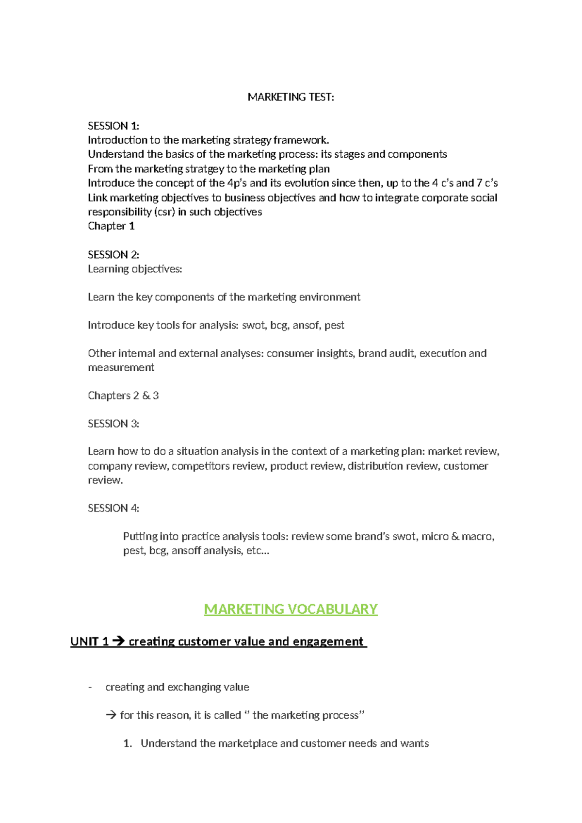 Marketing Vocabulary - MARKETING TEST: SESSION 1: Introduction to the ...