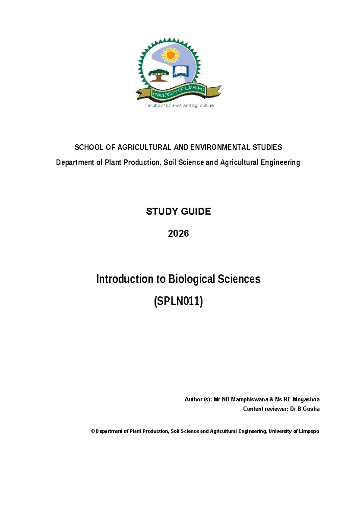 SPLN011 Study Guide 2026: Introduction to Biological Sciences - Studocu