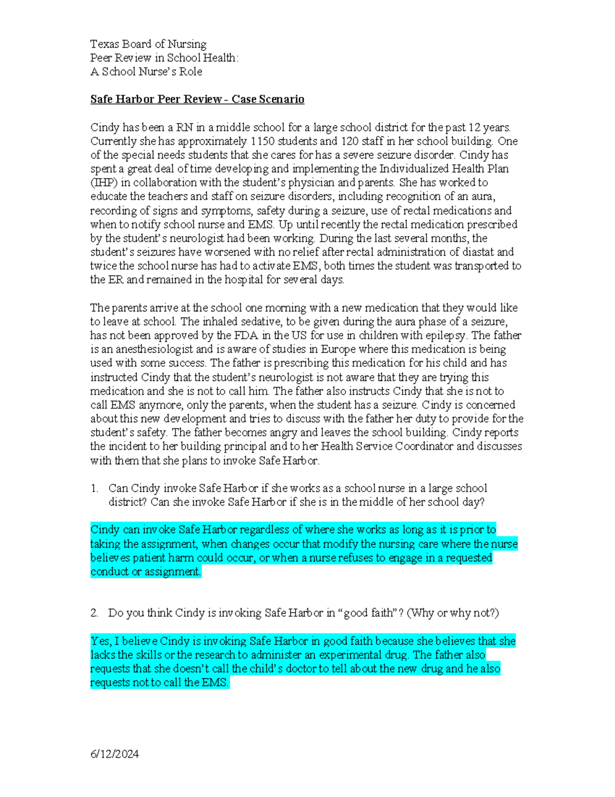 Texas Board of Nursing - Safe Harbor Peer Review Case Study Analysis ...