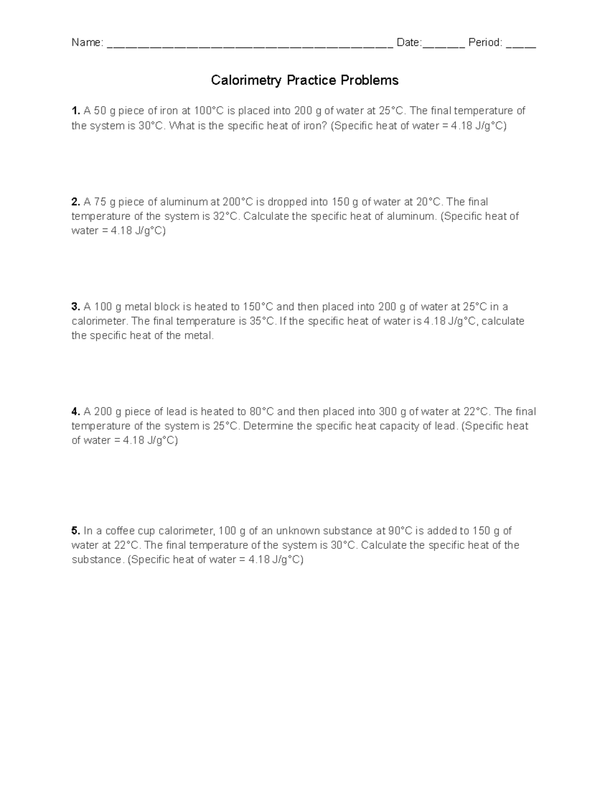 Calorimetry Practice Problems - Name ...