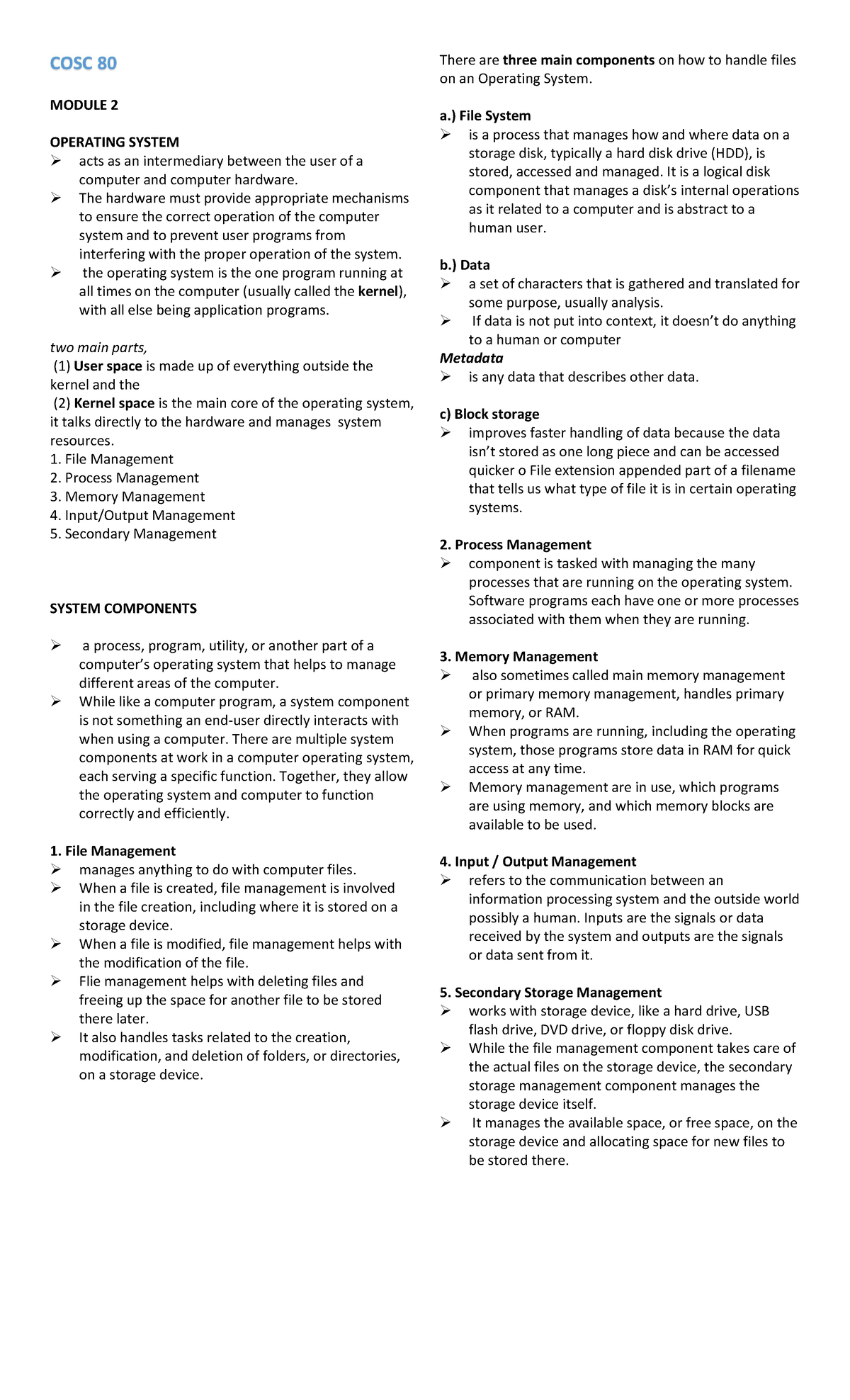 COSC 80 Lecture Notes: Module 2 - Overview of Operating Systems - Studocu