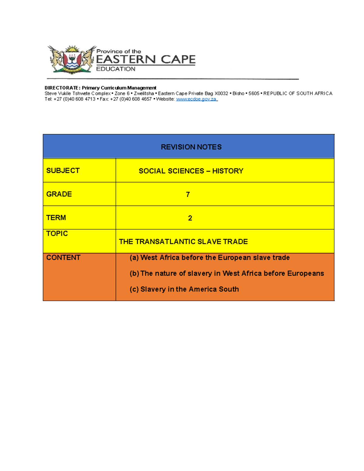 7 Social Sciences Grade 7 - History Revision Notes: The Transatlantic ...