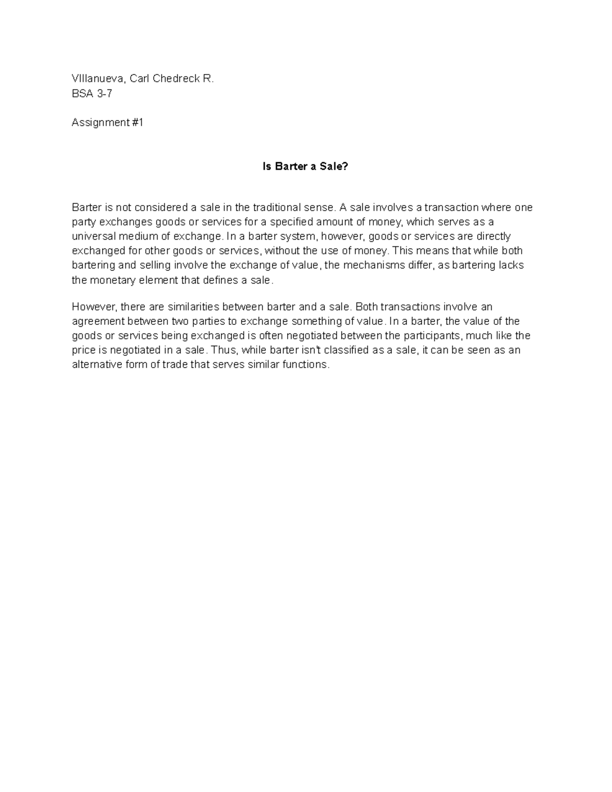 BSA Assignment #1: Understanding Barter vs. Sale Dynamics - Studocu