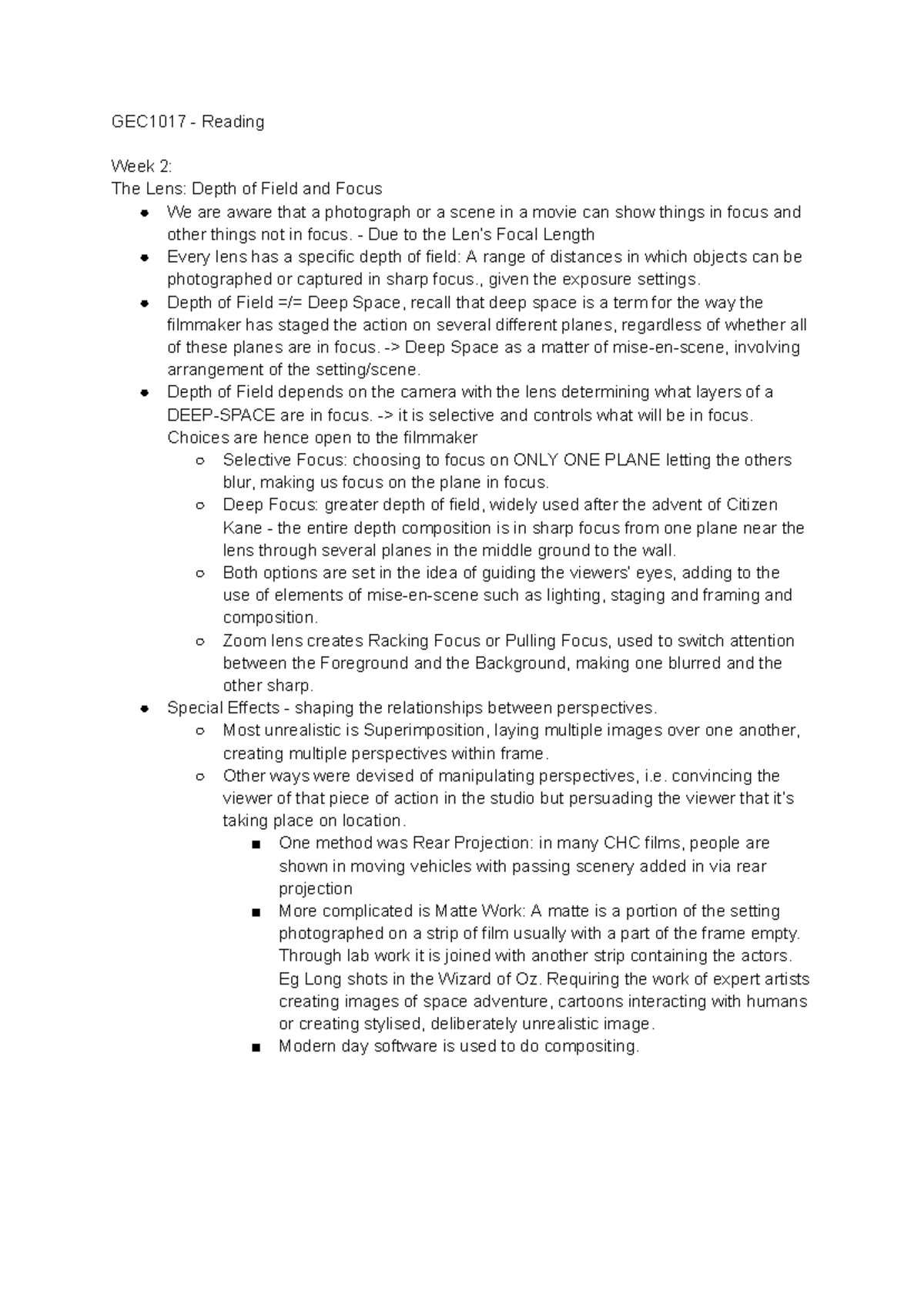 GEC1017 Reading Week 2: Depth of Field and Focus in Film - Studocu