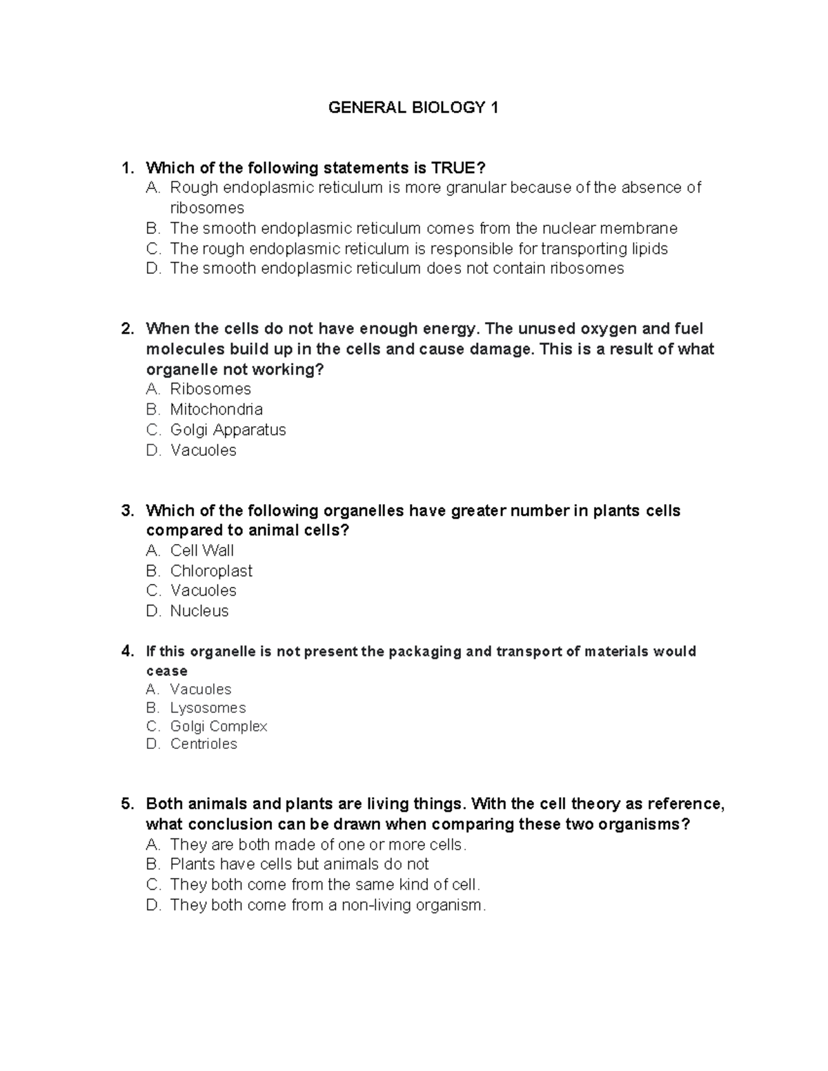 General Biology 1: Exam Review on Cell Structure and Functions - Studocu