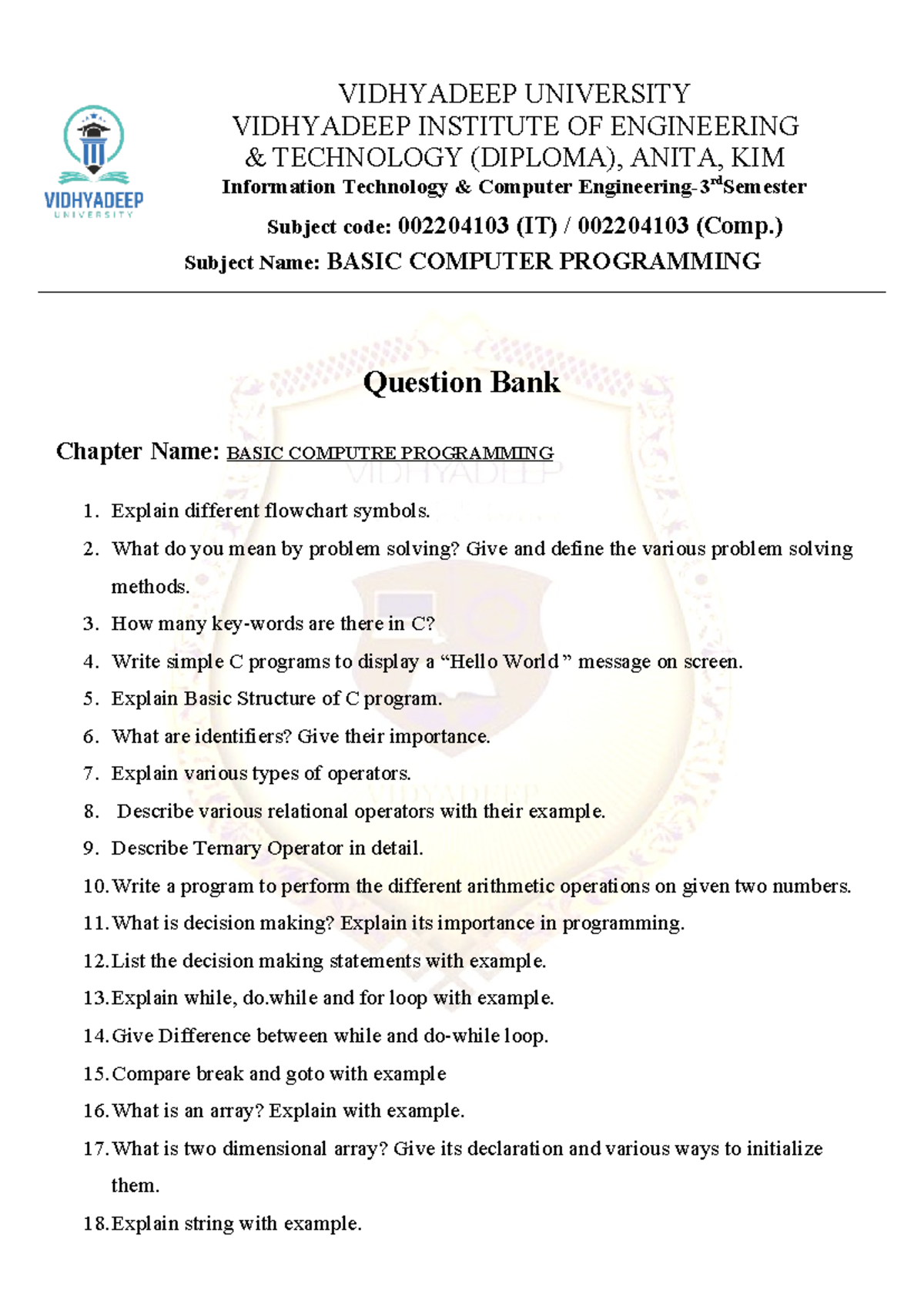 BCP Question Bank: Basic Computer Programming (IT 002204103) - Studocu
