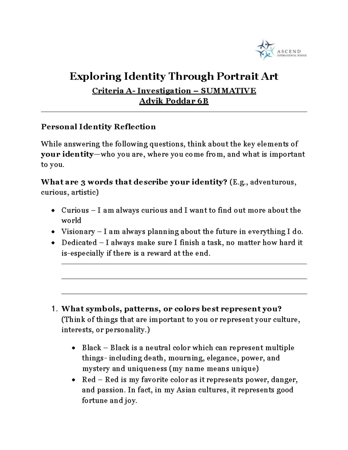 Exploring Personal Identity Through Portrait Art: Advik Poddar 6B - Studocu