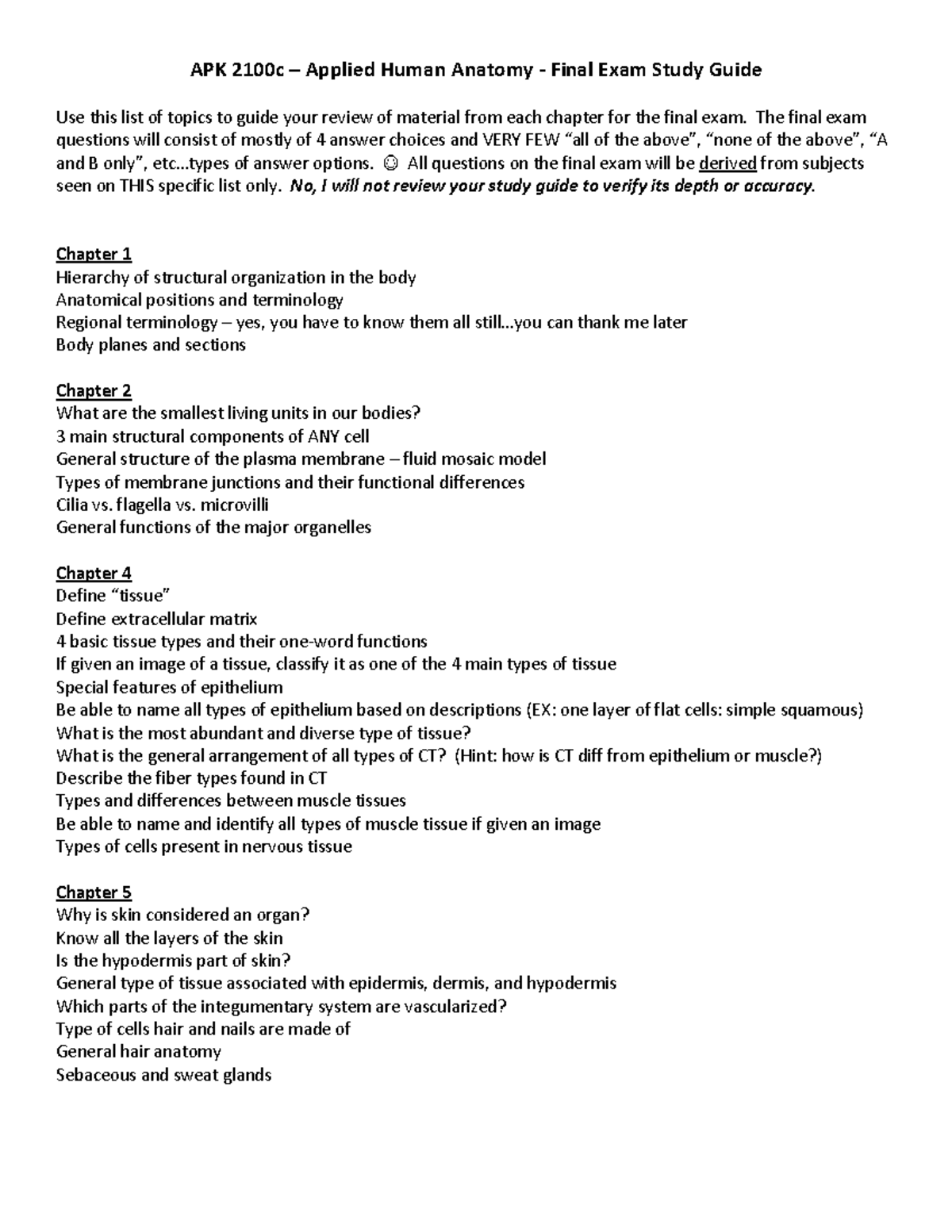 APK 2100c – Applied Human Anatomy Final Exam Comprehensive Study Guide ...
