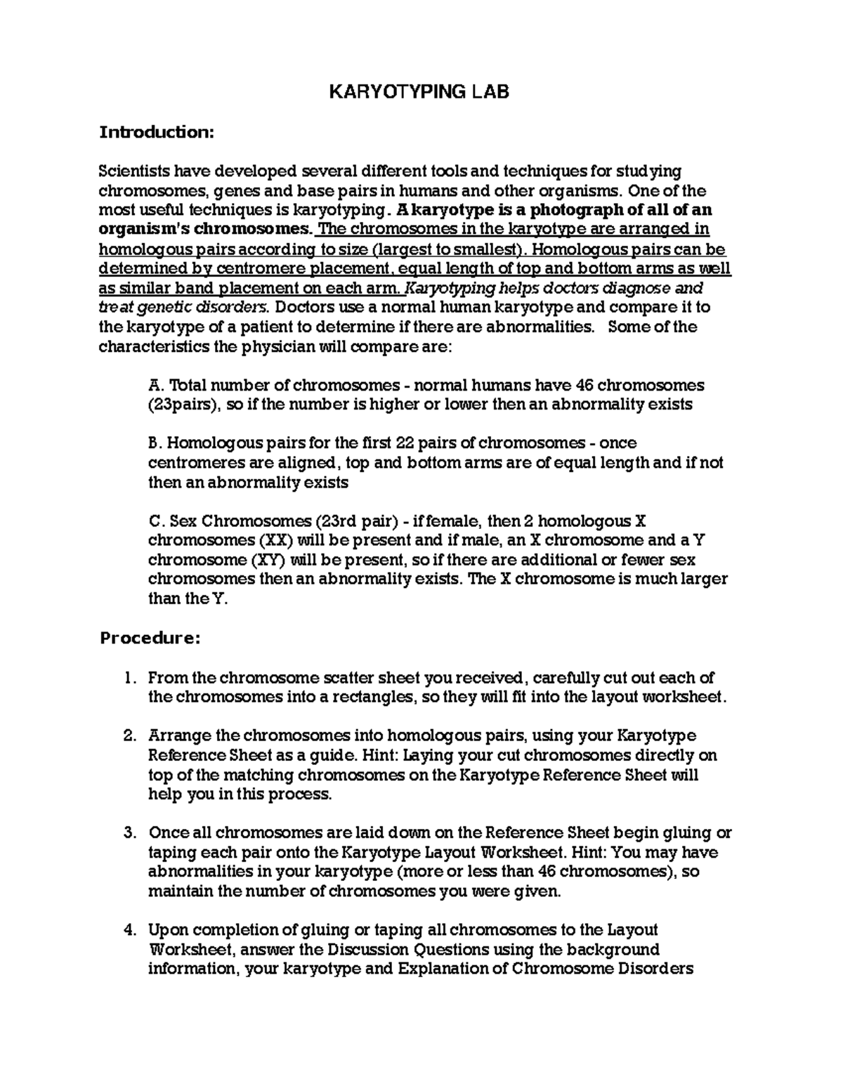 KARYOTYPING LAB: Techniques for Chromosome Analysis and Disorders - Studocu