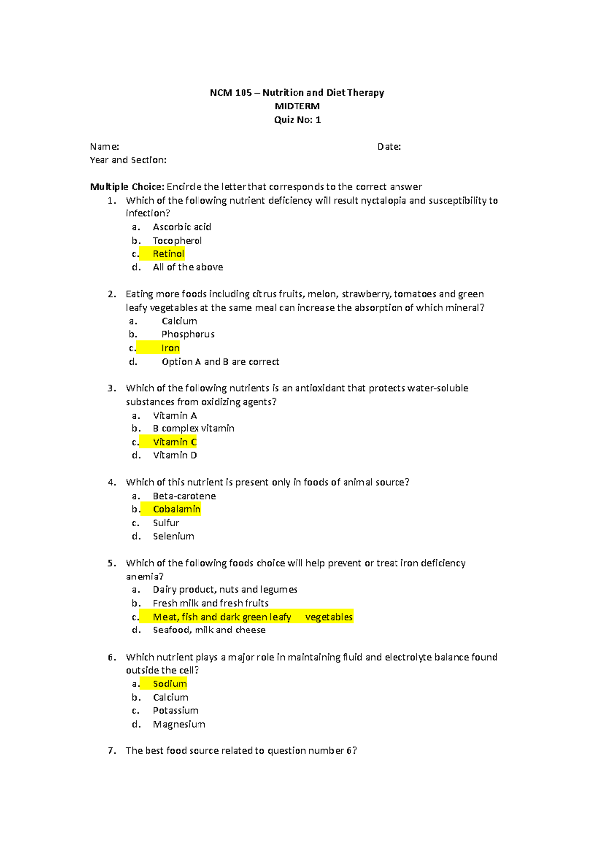 NCM 105 - Nutrition and Diet Therapy Midterm Quiz 1 Notes - Studocu