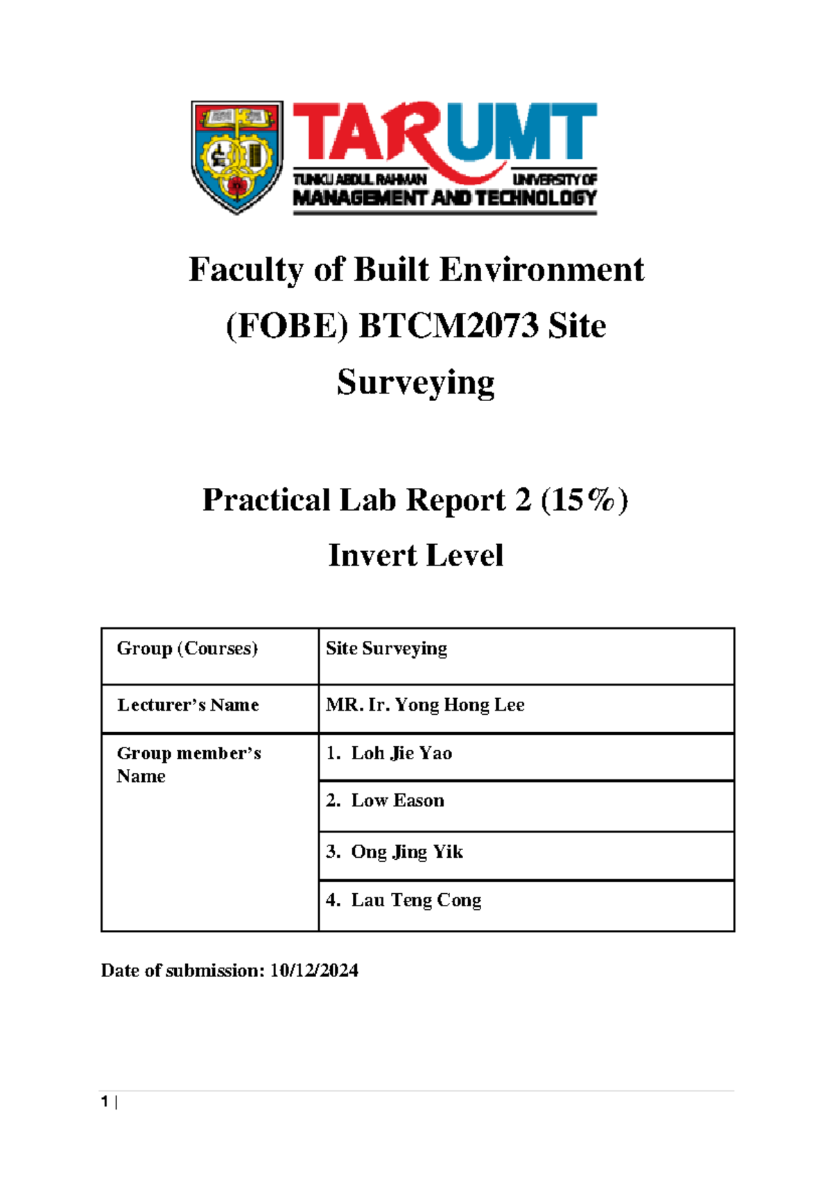 BTCM2073 Site Surveying Practical Lab Report 2: Invert Level Analysis ...