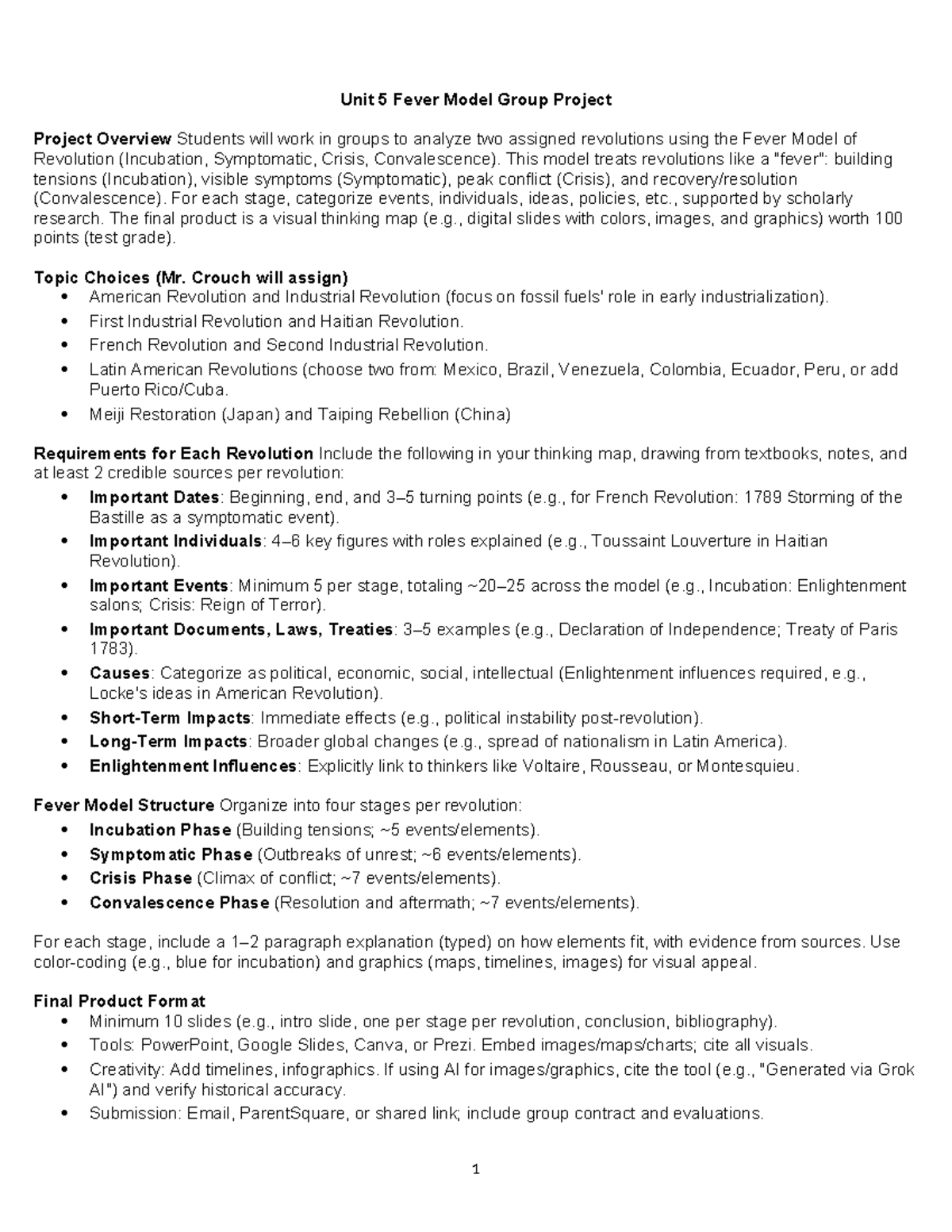 Unit 5 Fever Model Group Project: Analyzing Revolutions - Studocu
