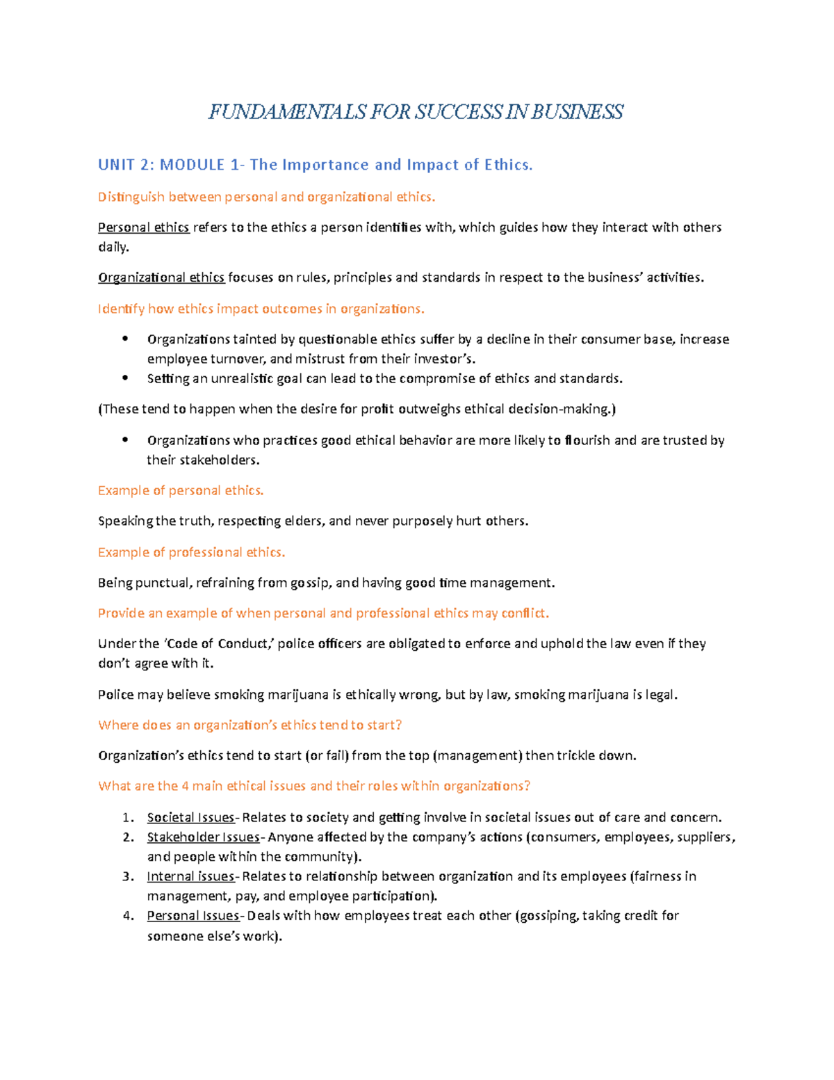 D072 Study Guide - FUNDAMENTALS FOR SUCCESS IN BUSINESS UNIT 2: MODULE ...