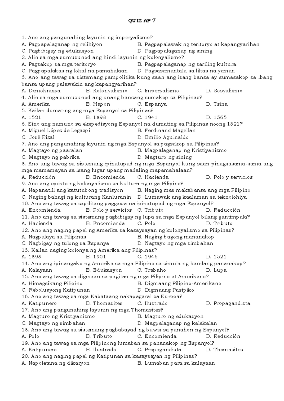 QUIZ AP 7: Layunin at Epekto ng Imperyalismo at Kolonyalismo - Studocu