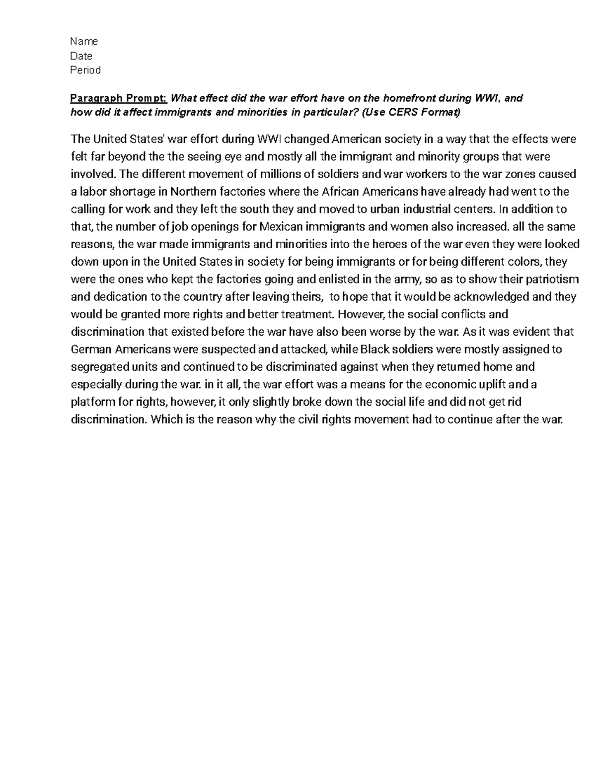 U.S. History Essay Notes: Impact of WWI on Homefront & Minorities - Studocu