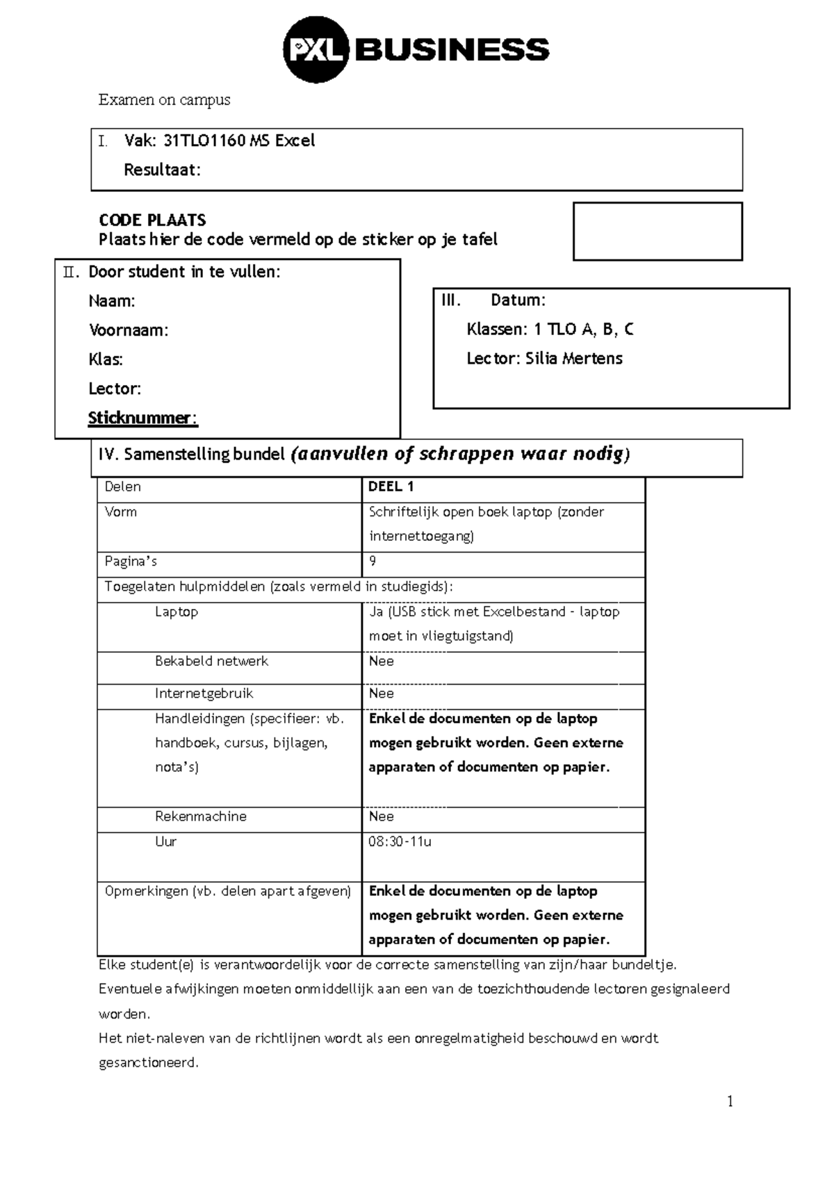 Overzichtsoefening MS Excel - Examen 31TLO1160 - Studocu