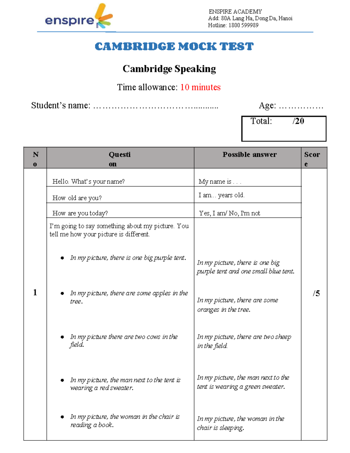 Cambridge MOCK TEST: Speaking Practice & Picture Story Analysis - Studocu