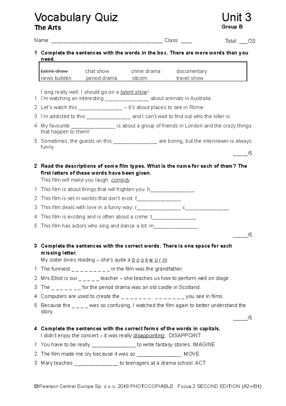 Focus 2 2ed Vocabulary Quiz Unit 3: The Arts Group B - Studocu
