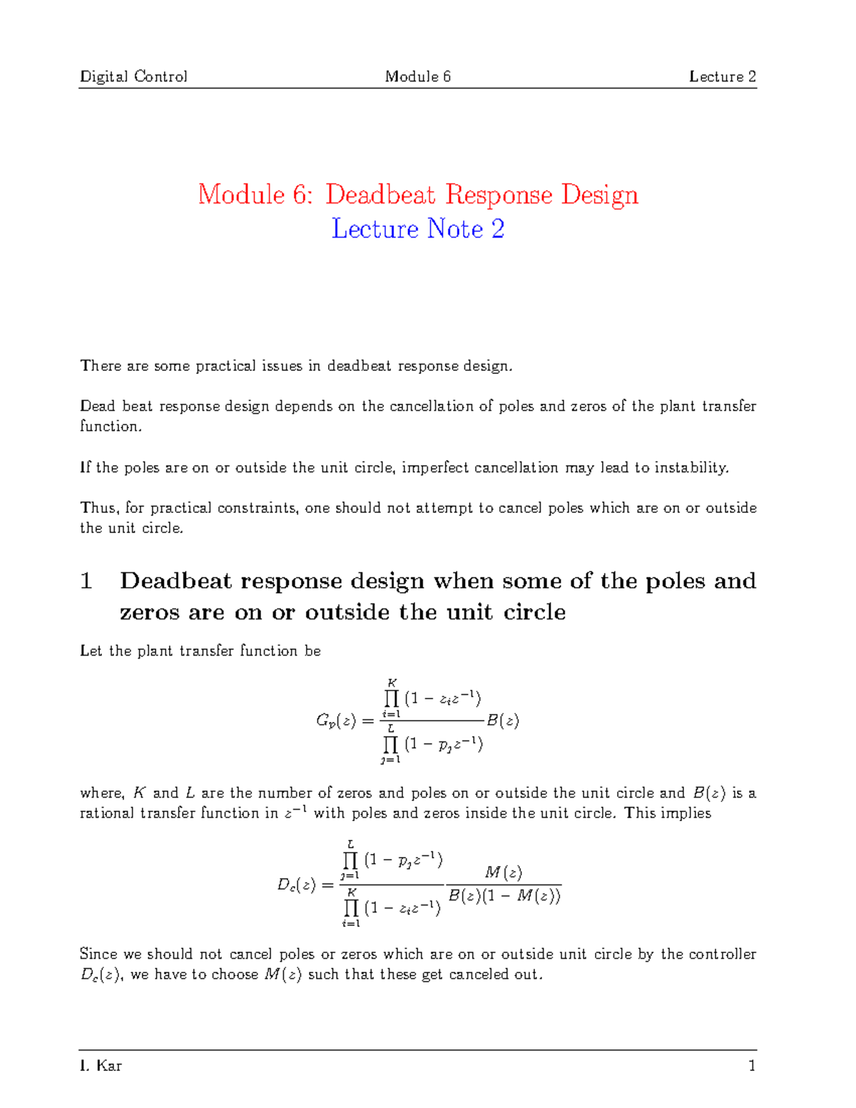 M6 Lec2 - Deadbeat Response Design Class Notes by Prof. Anubhrata Dey ...