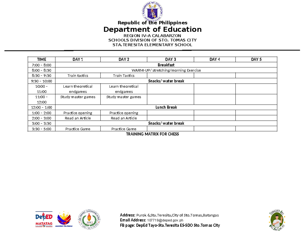 Training Matrix for Chess: Daily Schedule & Activities Plan - Studocu