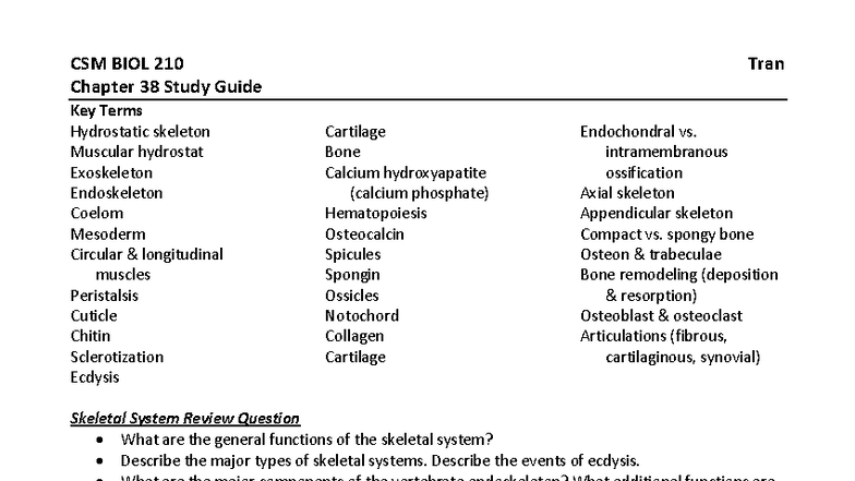 CSM BIOL 210 Chapter 38 Study Guide: Key Terms & Concepts on Skeletal ...