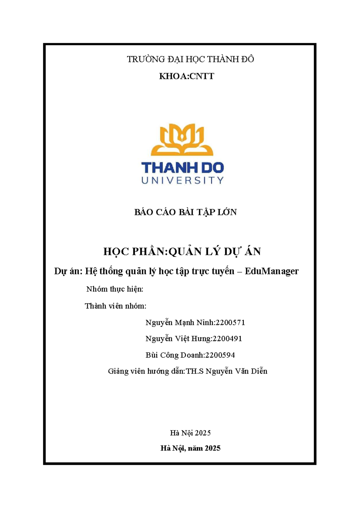 Bài Tập Lớn Học Phần Quản Lý Dự Án - EduManager 1042025 - Studocu