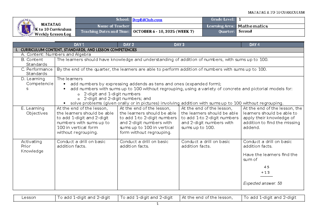 DLL Matatag Mathematics 1 Q2 Week 7 Lesson Log - Studocu
