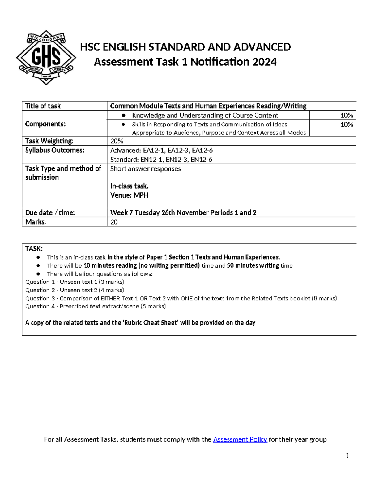 2024 HSC Assessment Task 1: Common Module - Texts & Human Experiences ...
