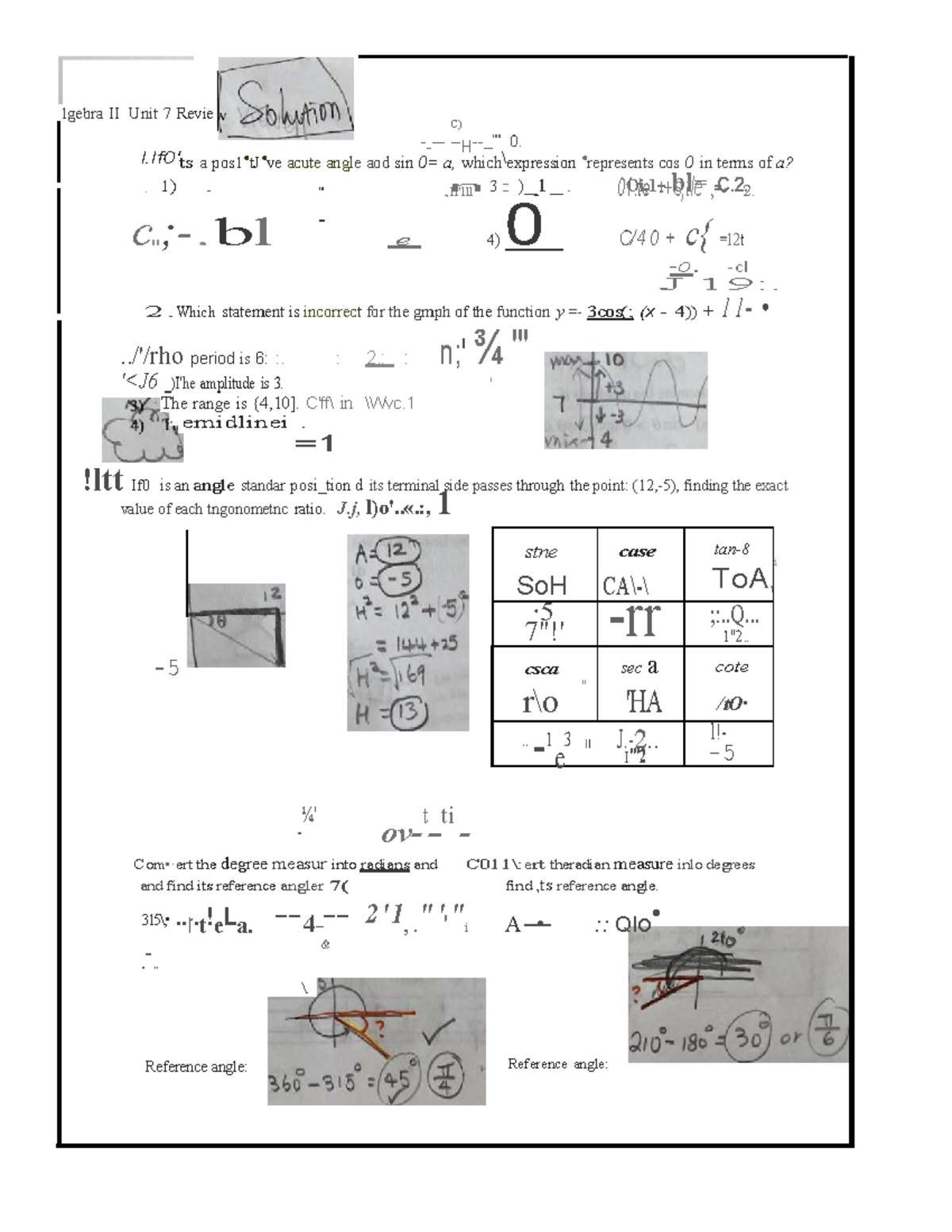 Algebra II Unit 7 Trigonometric Functions Review and Practice - lgebra II Unit 7 Revie C) -H ...