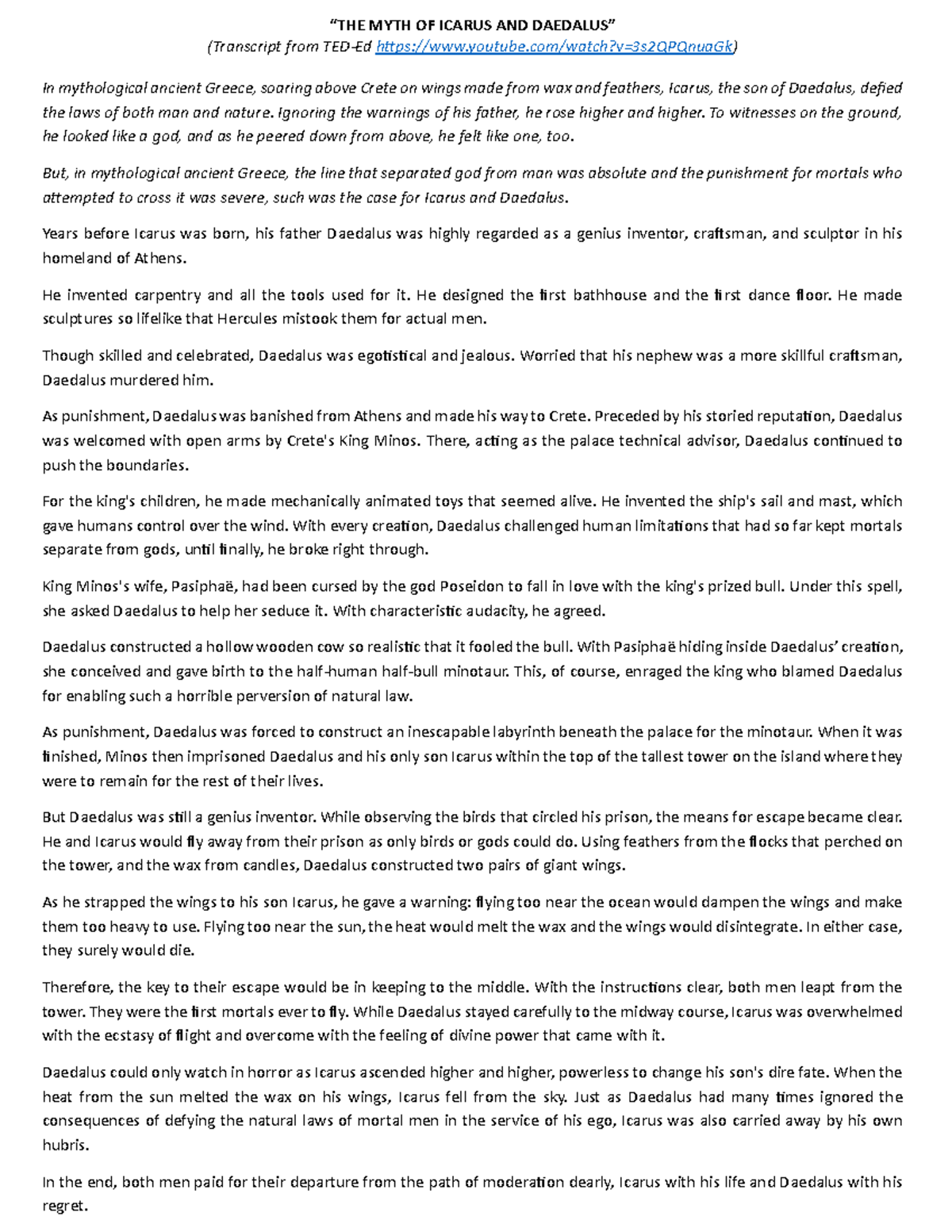 MYTH OF ICARUS AND DAEDALUS: A GREEK LEGEND ANALYSIS - Studocu